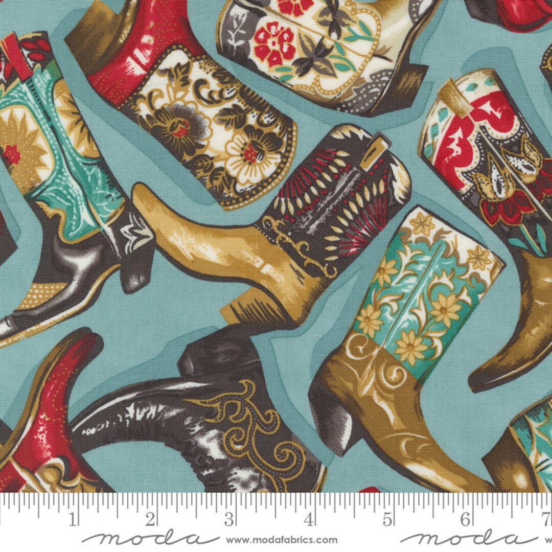 Saddle Ranch Boot Scootin Cowboy Boots Pond Fabric 29 REMNANT CUT Moda ...
