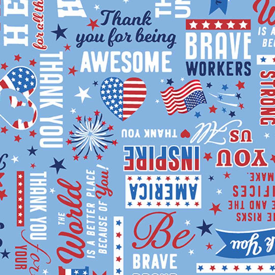 True Hero Medium Blue Patriotic Words Fabric Kanvas by Benarex 14148B ...