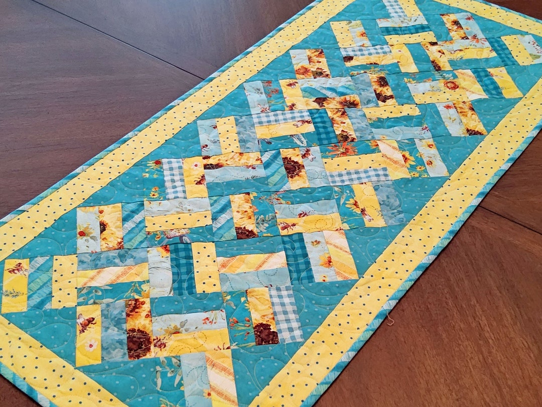 Teal and Yellow Braided Table Runner, Turquoise and Yellow Coffee Table Runner, Sunflower Table ...