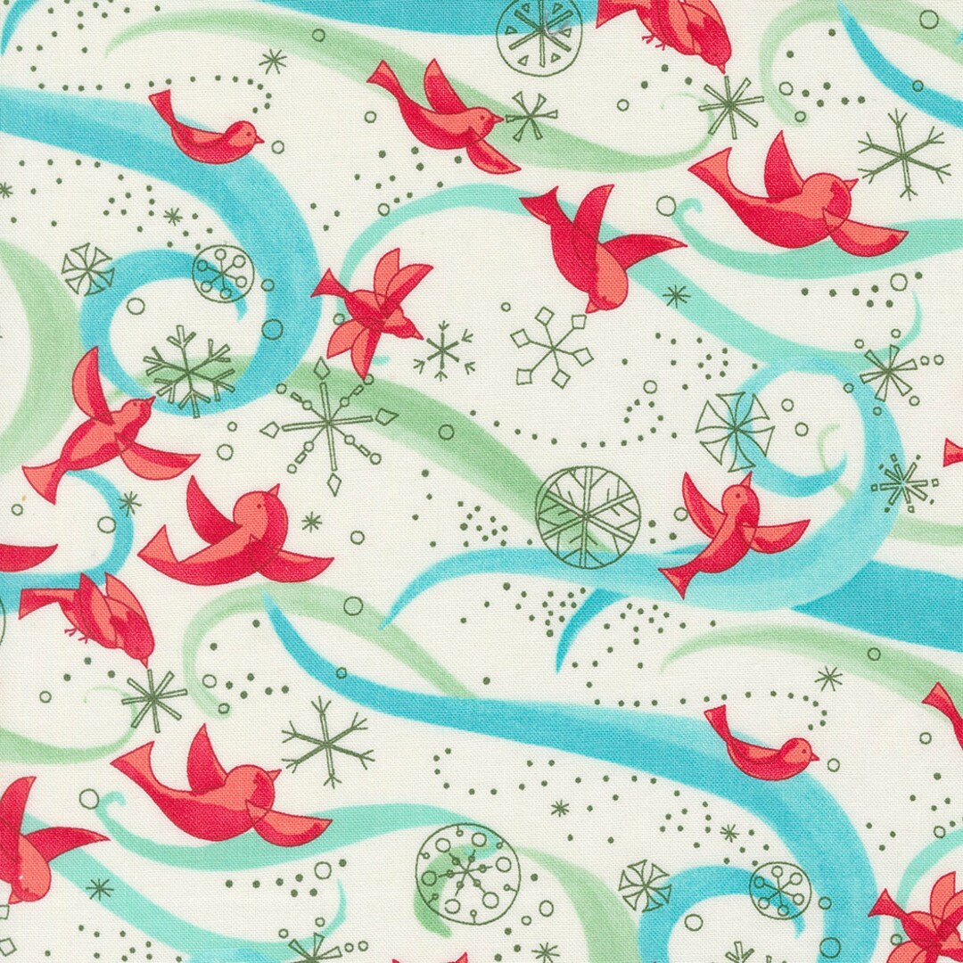 Winterly Cream Birds With Ribbons Fabric - Moda Fabrics 48761-11 ...