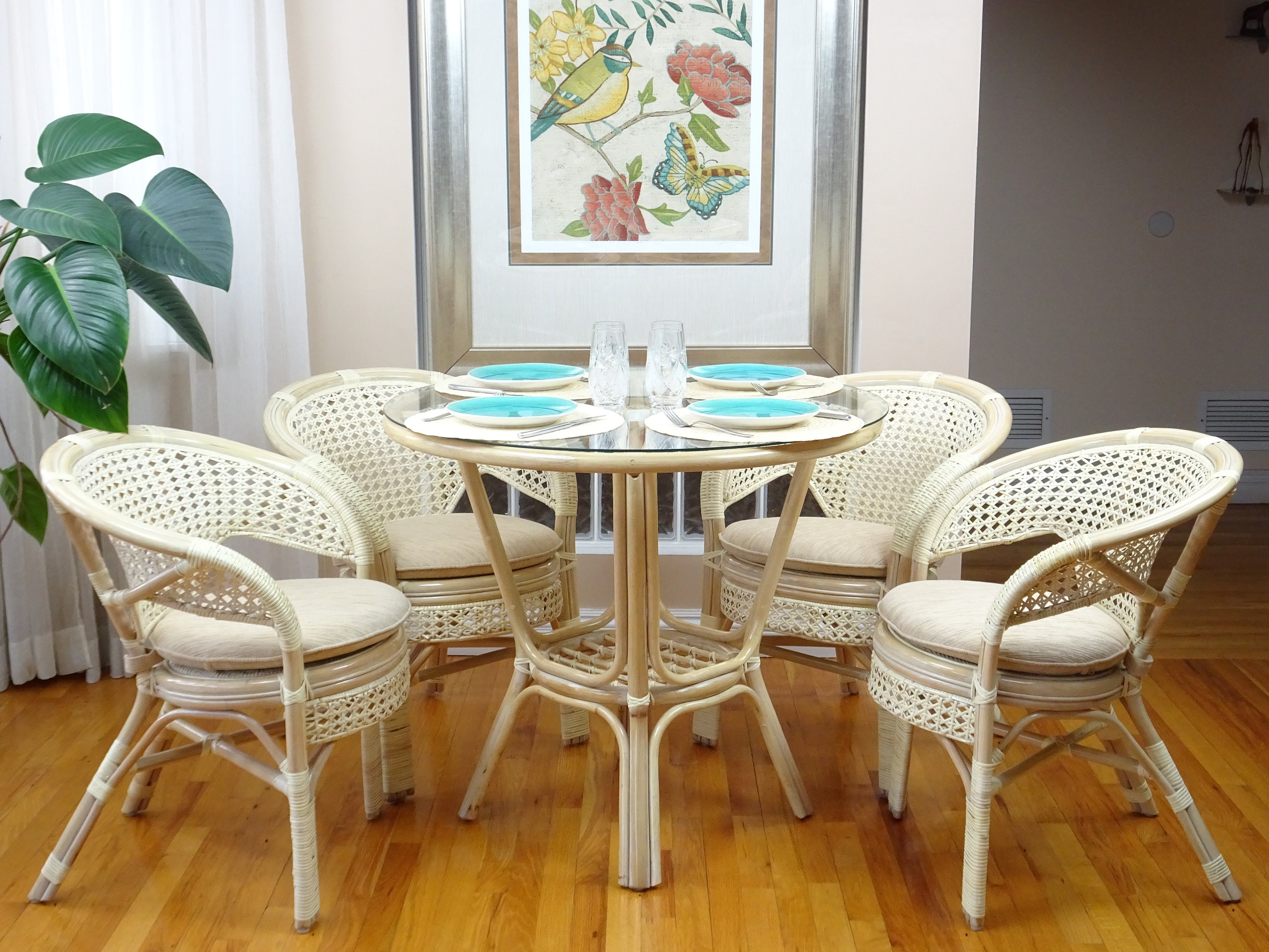Pelangi Rattan Wicker Dining Set Of Round Table Glass Top 4 Etsy