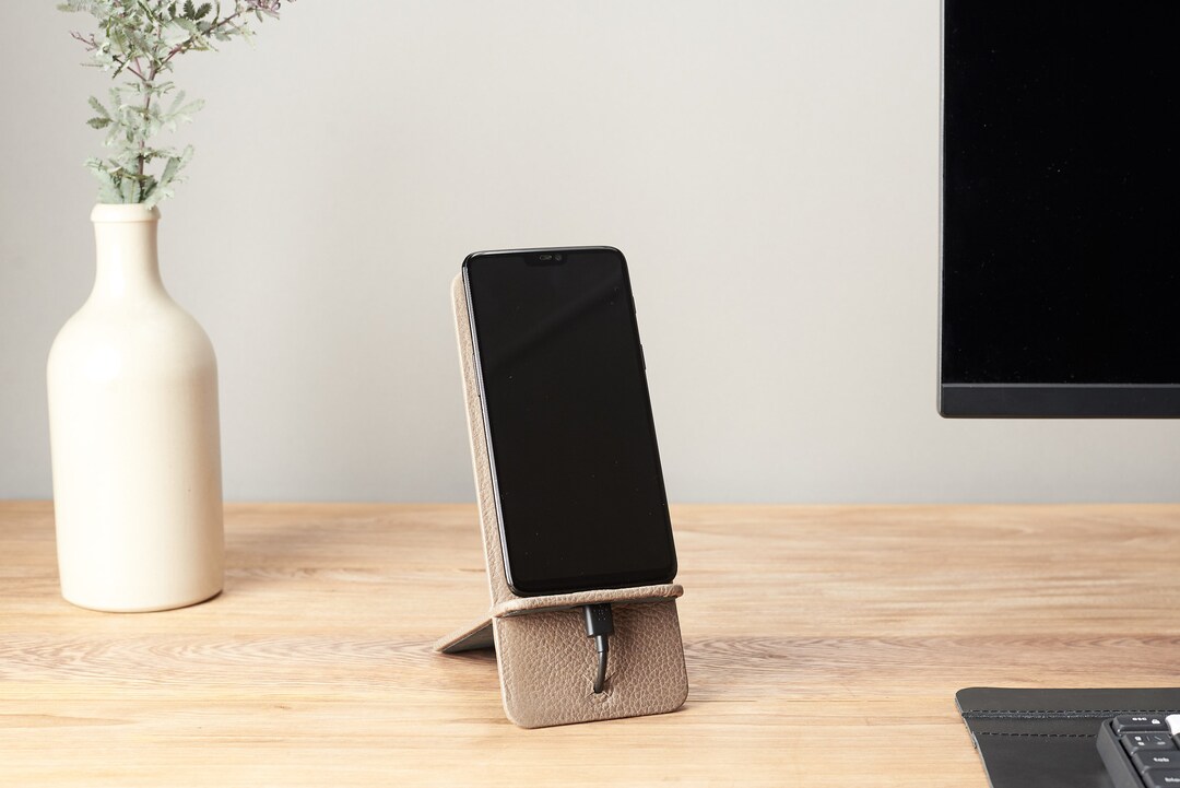 Phone Stand Grey Leather. Phone Holder. Mobile Desk Setup. Desk/bedside ...