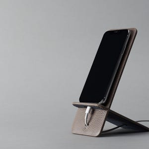 Phone Stand Grey Leather. Phone Holder. Mobile Desk Setup. Desk/bedside ...