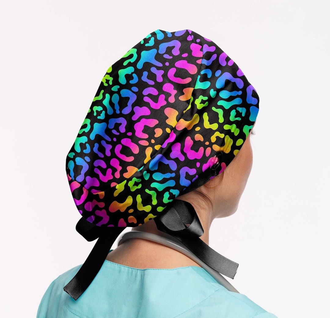 Rainbow Cheetah Euro Scrub Cap, Pride LGBTQ Ponytail Surgical Hat ...