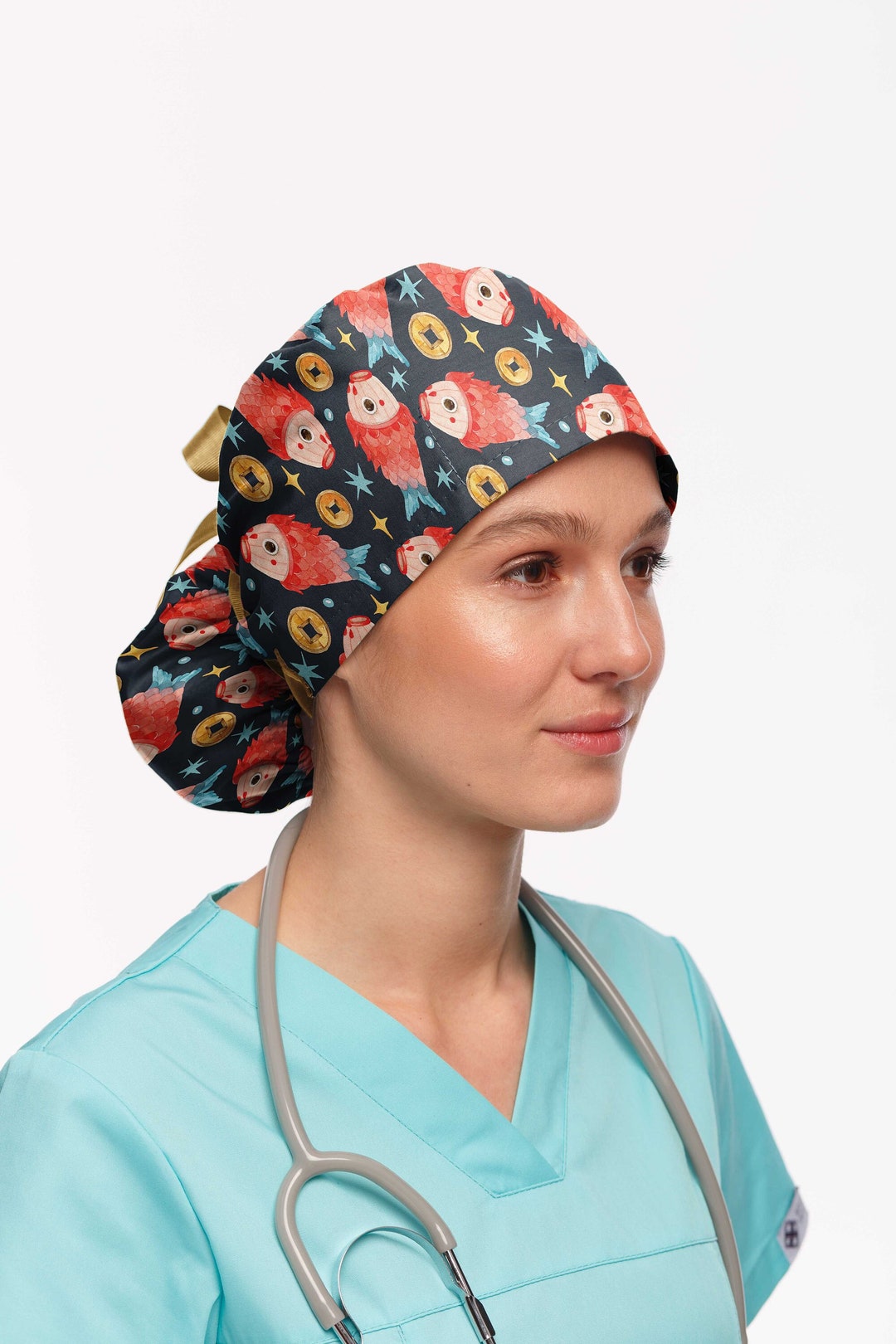 Fish Scrub Caps for Women Chinese Coins Ponytail Scrub Cap - Etsy