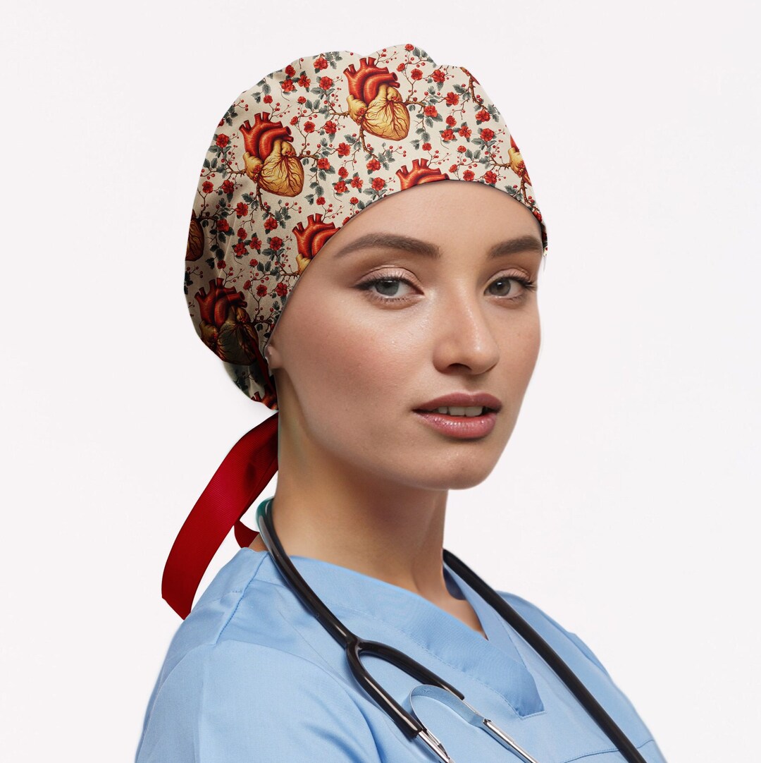 Cardiac Scrub Cap, Anatomy Heart Euro Scrub Hat, Ponytail Caps for ...
