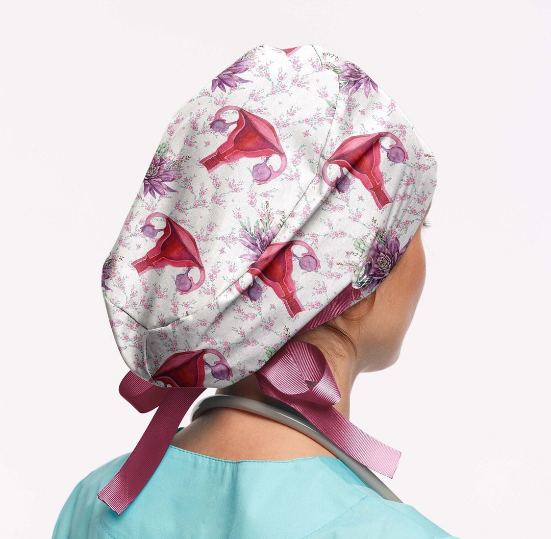 Gyn Euro Scrub Hat With Uterus and Succulent Flowers, Ponytail Surgical ...