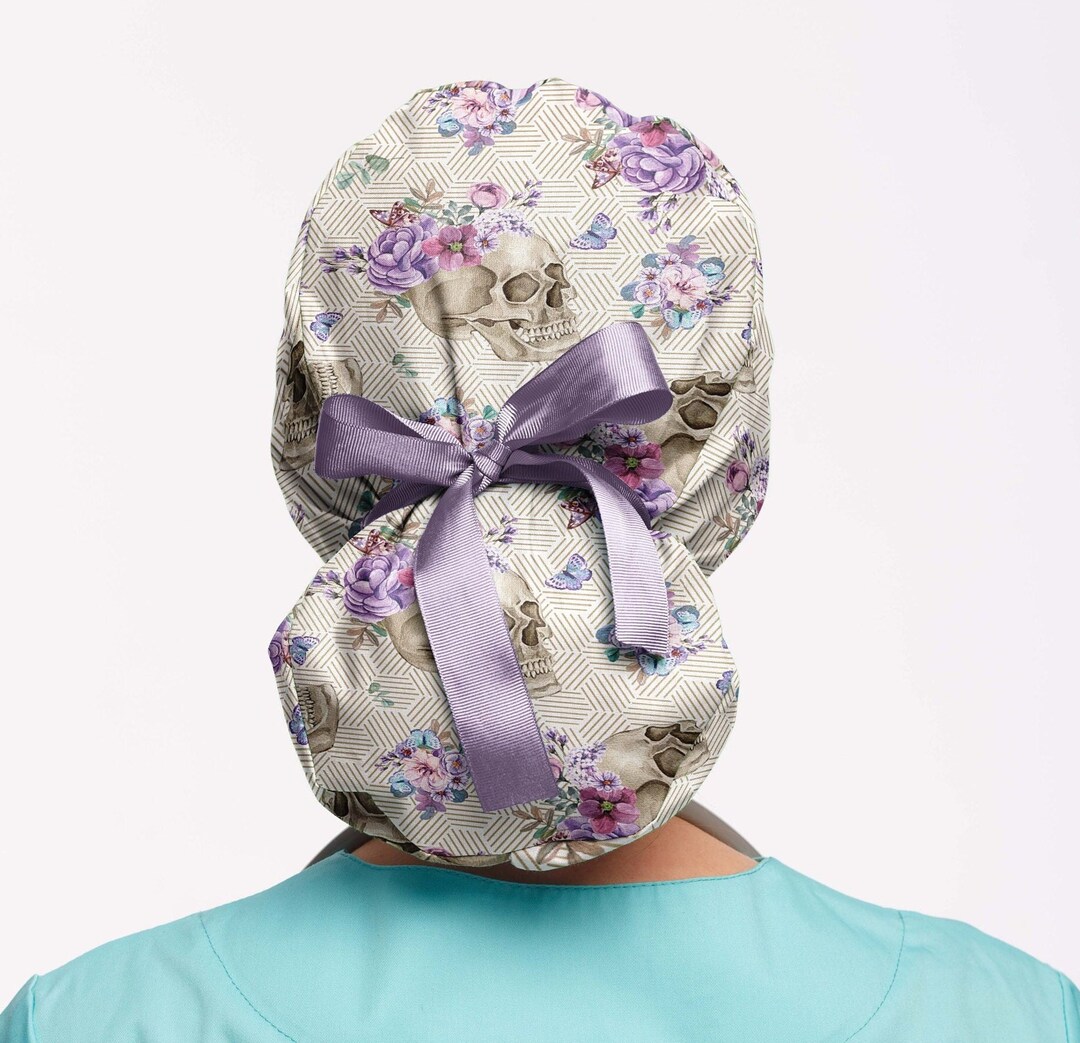 Skull Surgical Cap Women, Anatomy Scrub Cap With Buttons, Ponytail ...