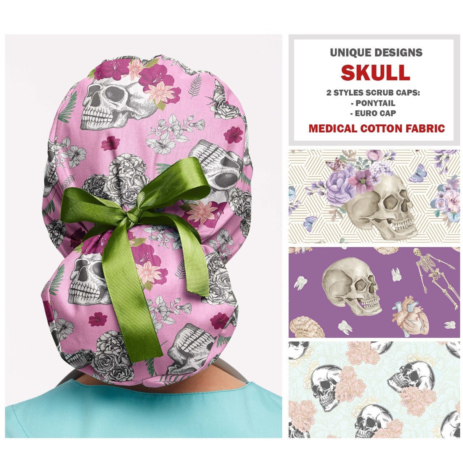 Skull Scrub Cap Ponytail Scrub Caps for Women Surgical Caps - Etsy