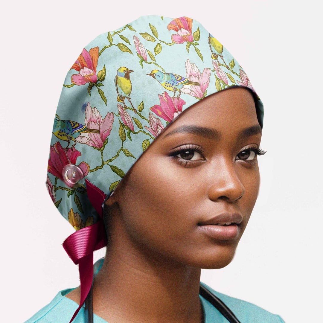 Floral Ponytail Scrub Cap With Buttons: Tropical Bird Print - Etsy