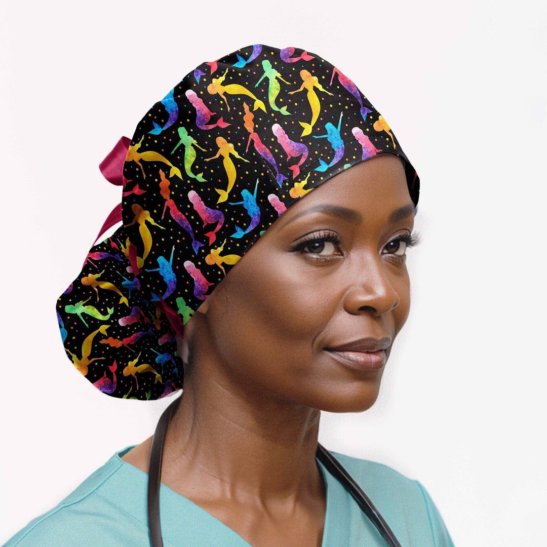 Mermaids Euro Scrub Cap, Rainbow Ponytail Surgical Hat for Women - Etsy