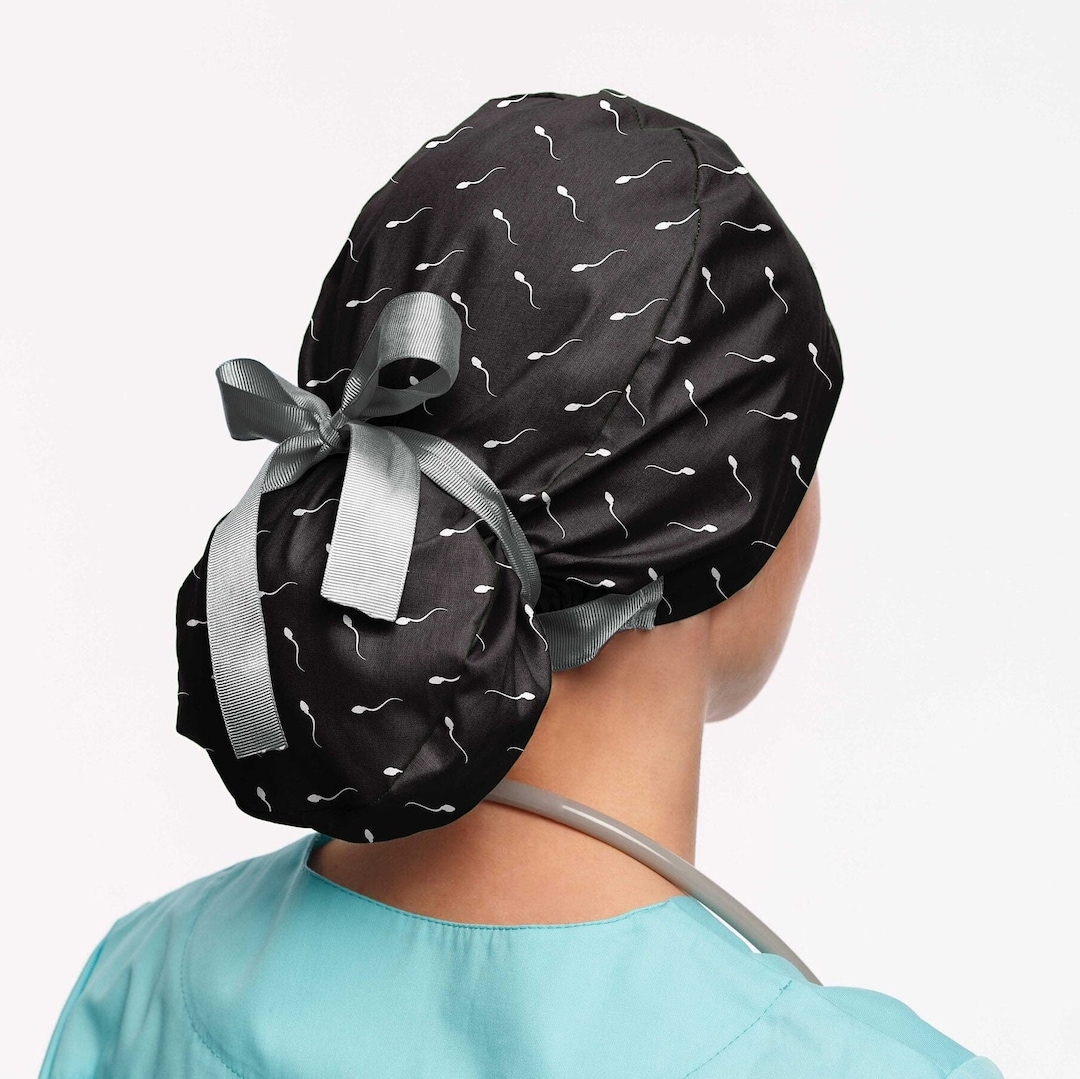 Spermatozoa on Black Ponytail Scrub Cap, Fertility Doctor Hat, Surgical ...