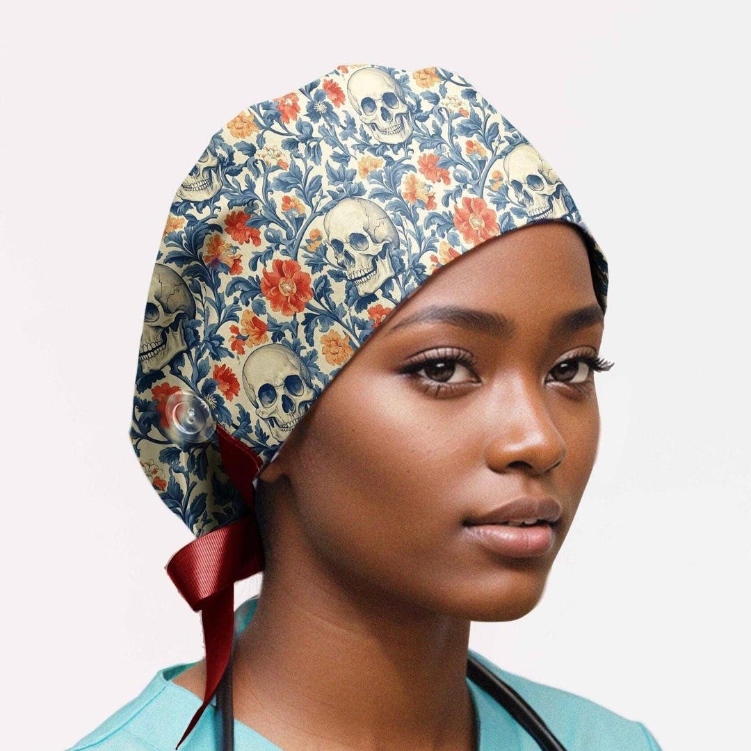 Bones and Skeleton Scrub Cap, Skull and Flowers Sugrical Hat for Women ...