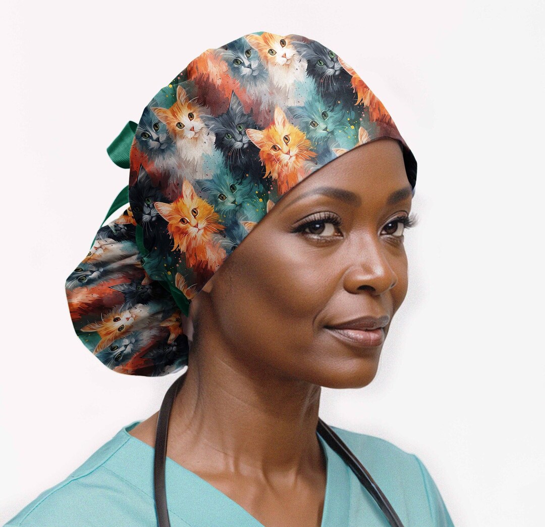 Cat Scrub Caps for Women, Surgical Cap With Buttons For, Cats Nurse Hat ...