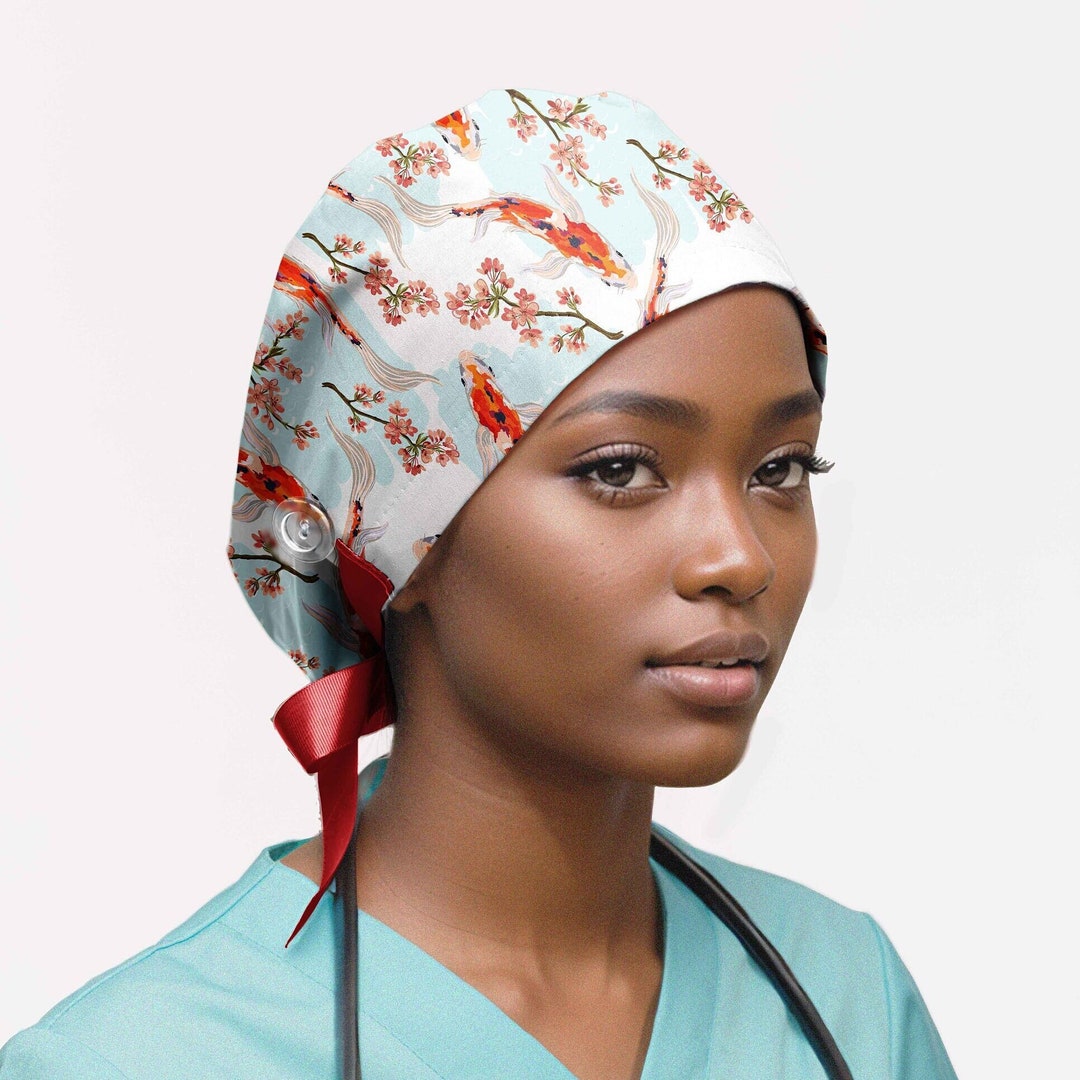Asian Style Euro Scrub Cap for Women, Koi Fish Surgical Hat, Sakura ...