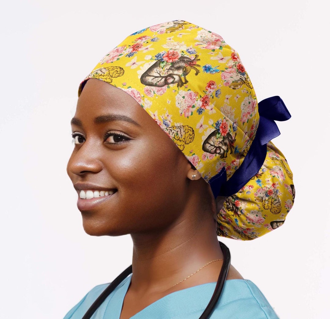 Anatomy Scrub Cap With Buttons, Floral Heart Brain Print - Etsy