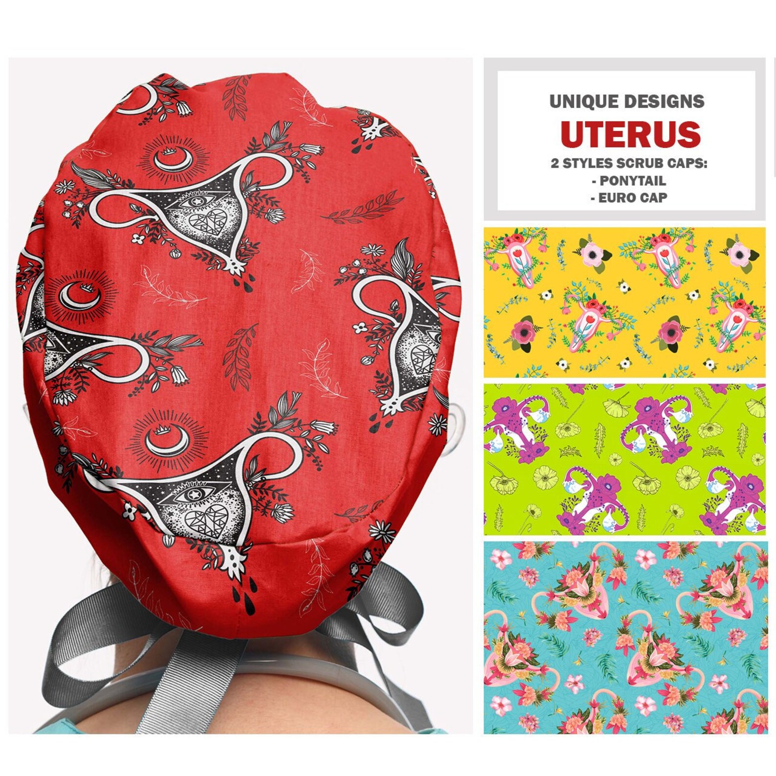 Anatomy Scrub Cap for Women, Uterus Surgical Caps, Ponytail Scrub Hat ...