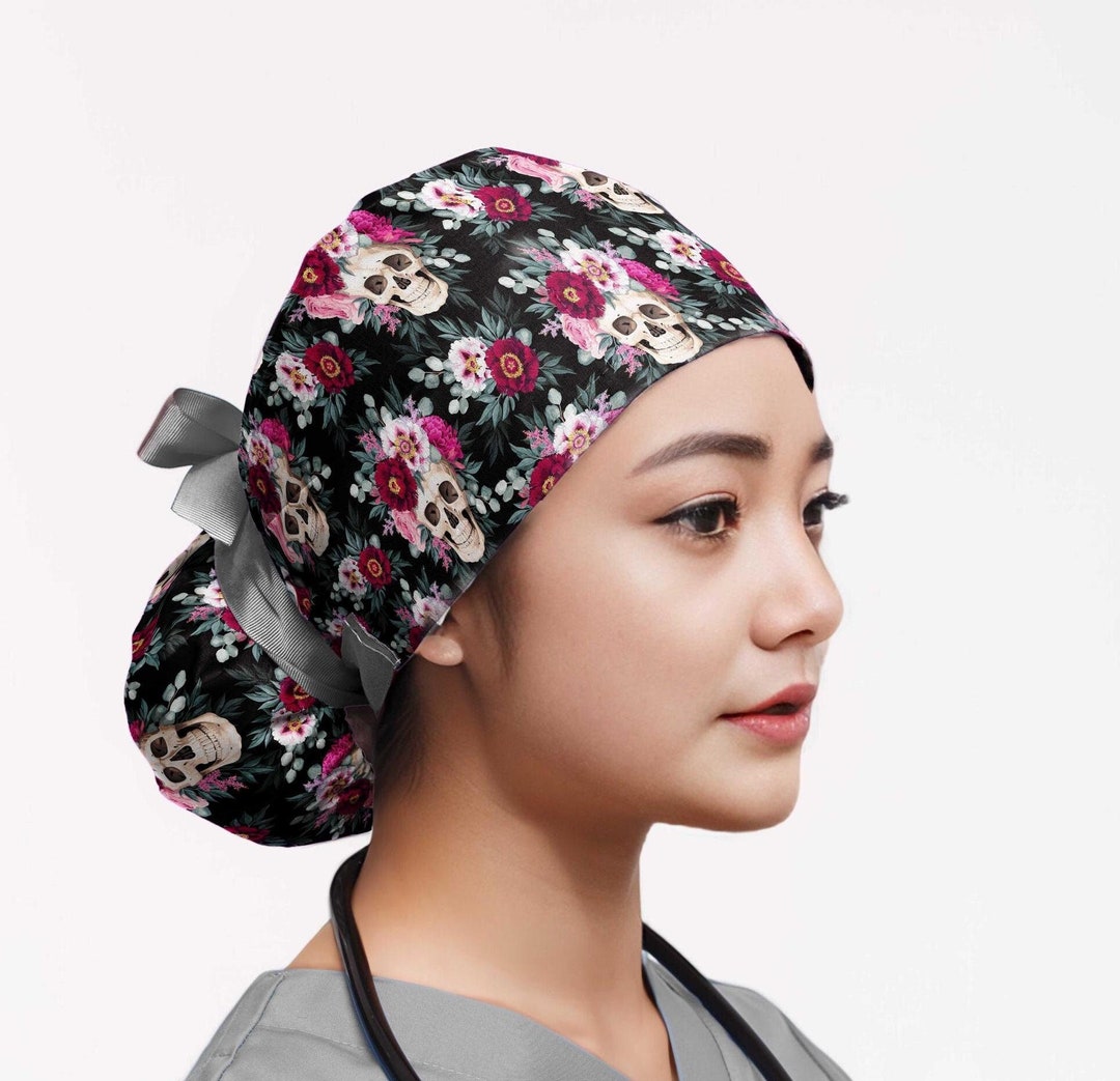 Bones and Skeleton Scrub Cap, Skull and Flowers Sugrical Hat for Women ...