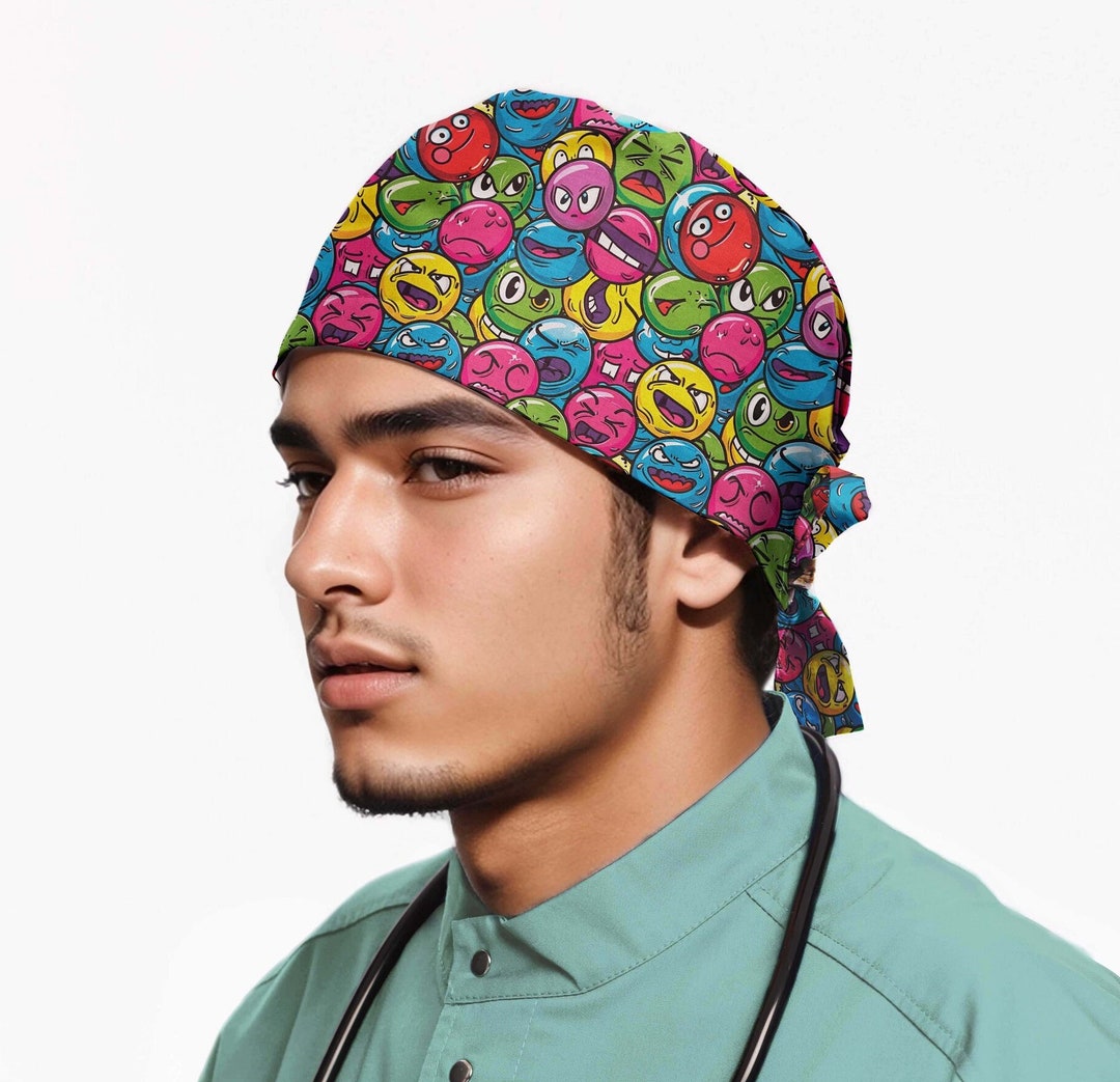 Funny Scrub Cap for Men, Smiles Surgical Hat, Cartoon Faces Nurse Hat ...