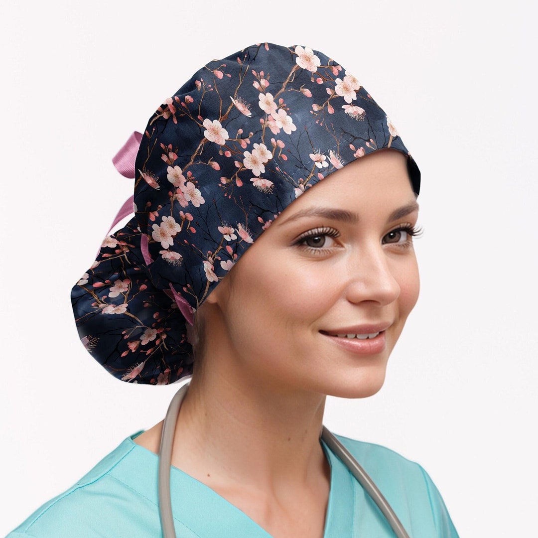 Cherry Blossom Scrub Cap for Women, Sakura Flowers Surgical Hat, Navy ...