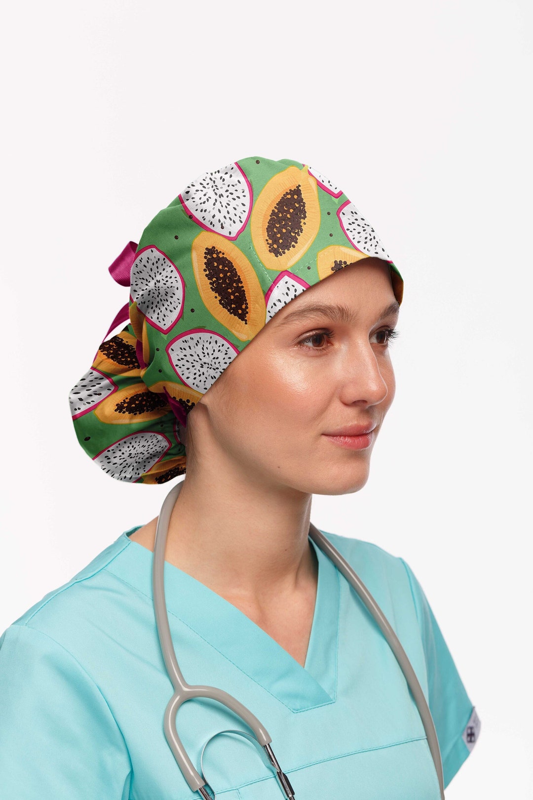 Tropical Fruits Scrub Caps for Women, Dragon Fruits Ponytail Surgical ...
