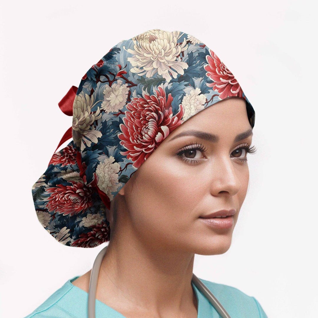 Japanese Chrysanthemum Scrub Cap for Women, Ponytail Nurse Hat, Floral ...