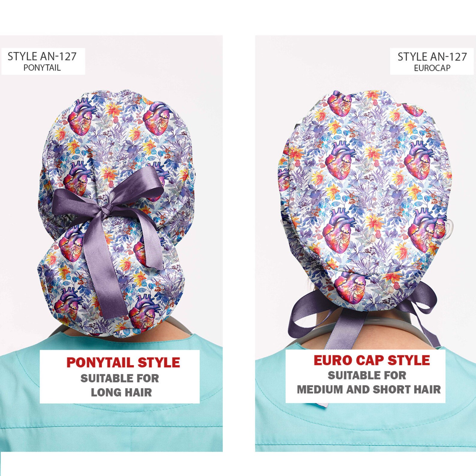 Anatomic Heart Ponytail Scrub Cap, Cardiac Nurse Hat, Euro Surgical Cap ...