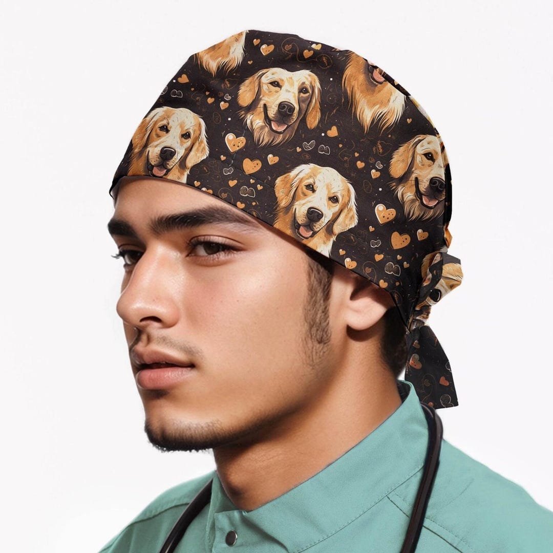 Tie Back Scrub Caps for Men, Retriever Dogs Scrub Hat, Vet Unisex ...