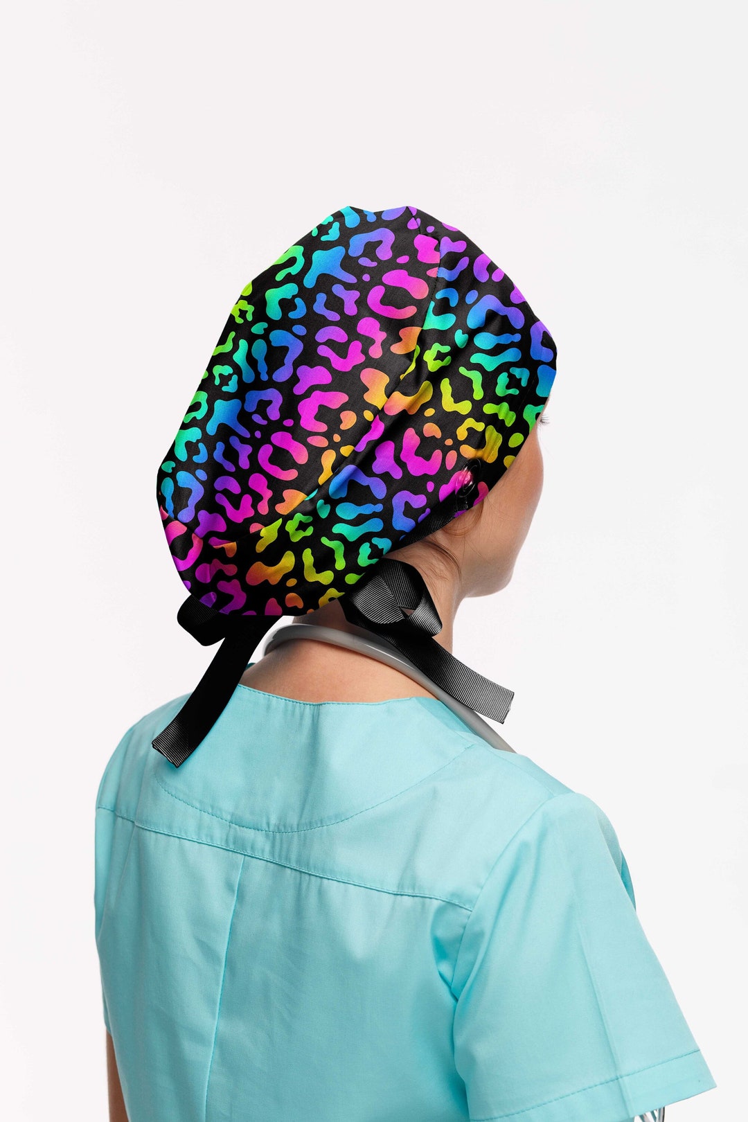 Rainbow Cheetah Euro Scrub Cap, Pride LGBTQ Ponytail Surgical Hat ...