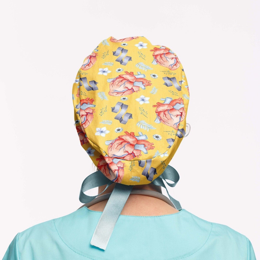 Anatomy Heart Scrub Caps for Women, Surgical Cap With Buttons, Cardiac ...