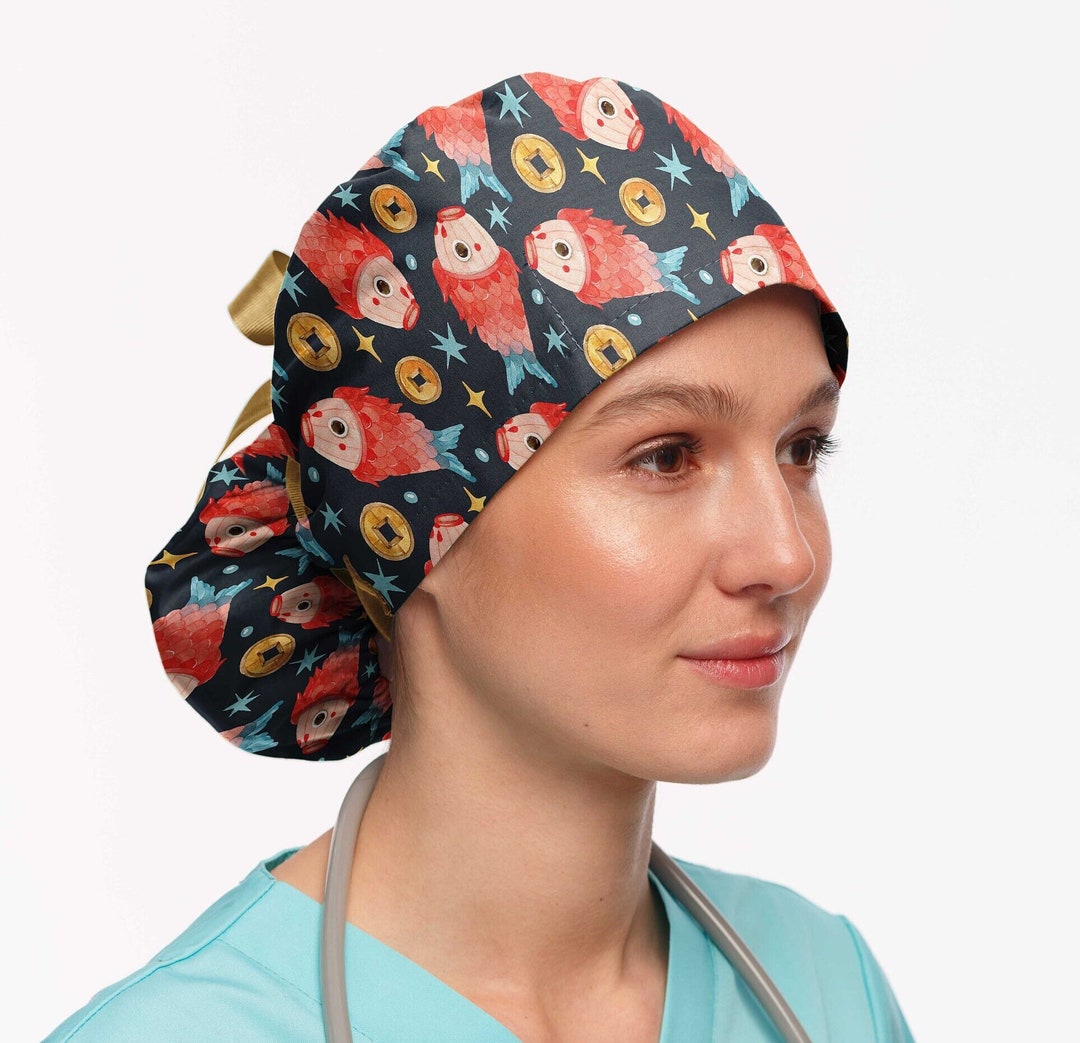 Fish Scrub Caps for Women, Chinese Coins Ponytail Scrub Cap, Good Luck ...