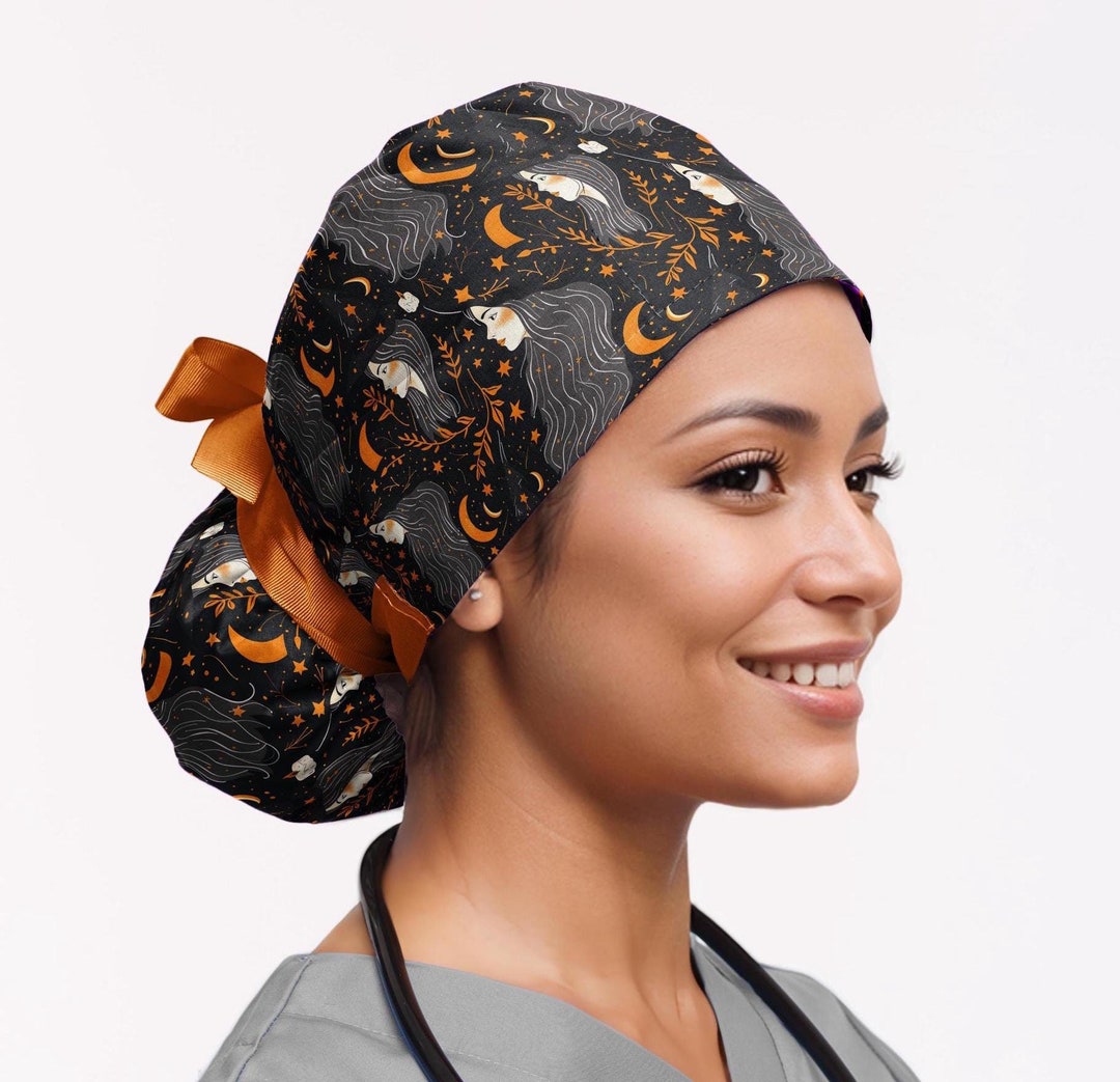 Witches Scrub Cap, Spooky Surgical Cap for Women, Scary Ponytail Scrub ...
