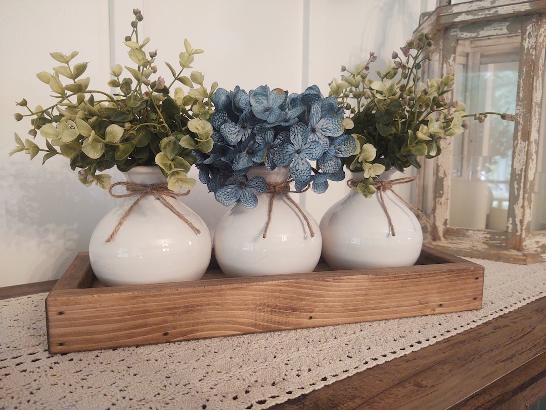 Farmhouse Centerpiece: Rustic Wood Box, White Ceramic Vases - Etsy