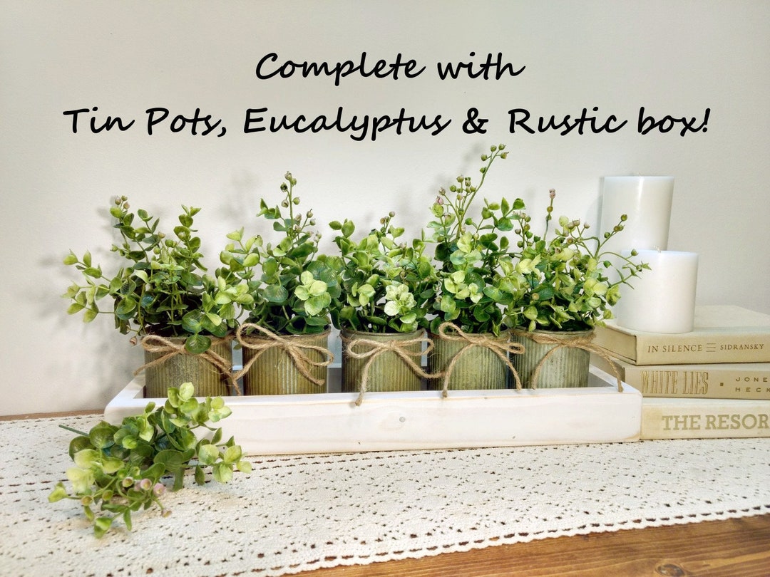 Rustic Planter Box, Tin Pots With Greenery, Farmhouse Table Centerpiece ...
