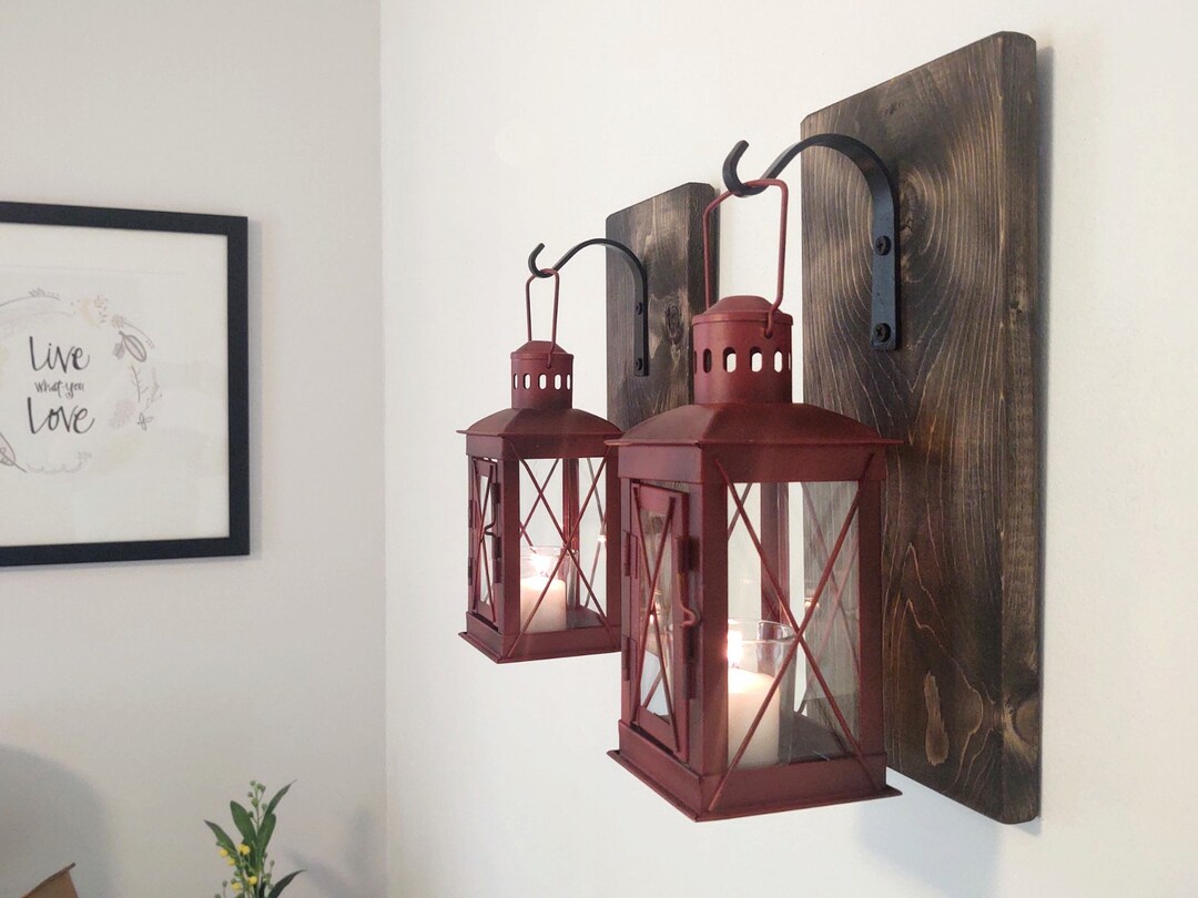 Red Lantern Wall Sconce Set, Metal Lantern Decor, Rustic Lanterns ...