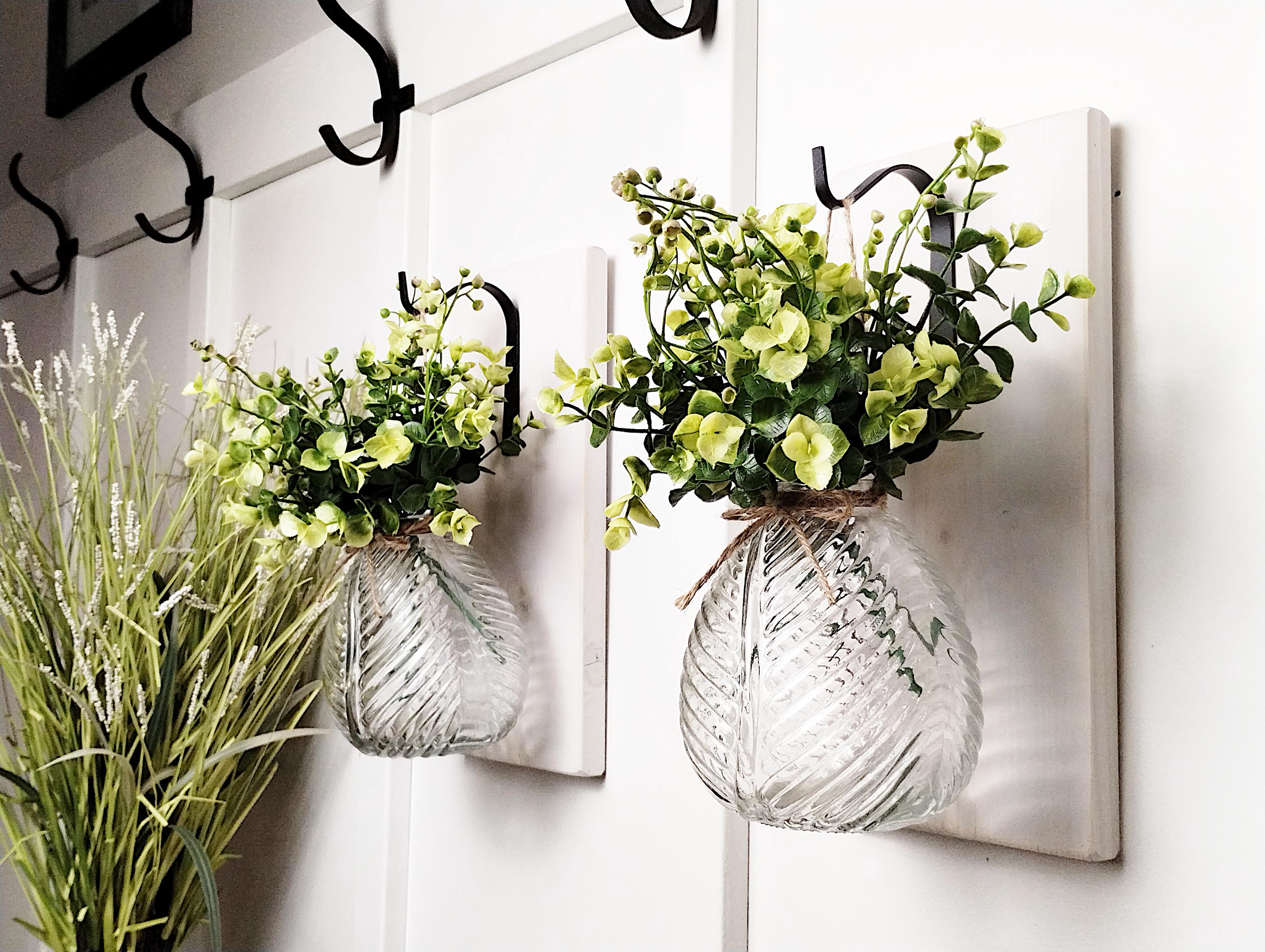 Glass Vase, Hanging Vase With Flowers, Wall Sconce, Distressed Boards ...