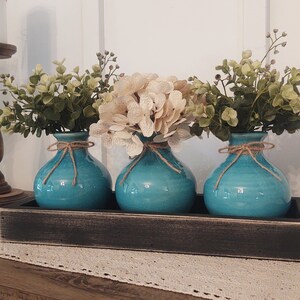 Farmhouse Floral Centerpiece: Turquoise Vases, Rustic Wood Box - Etsy