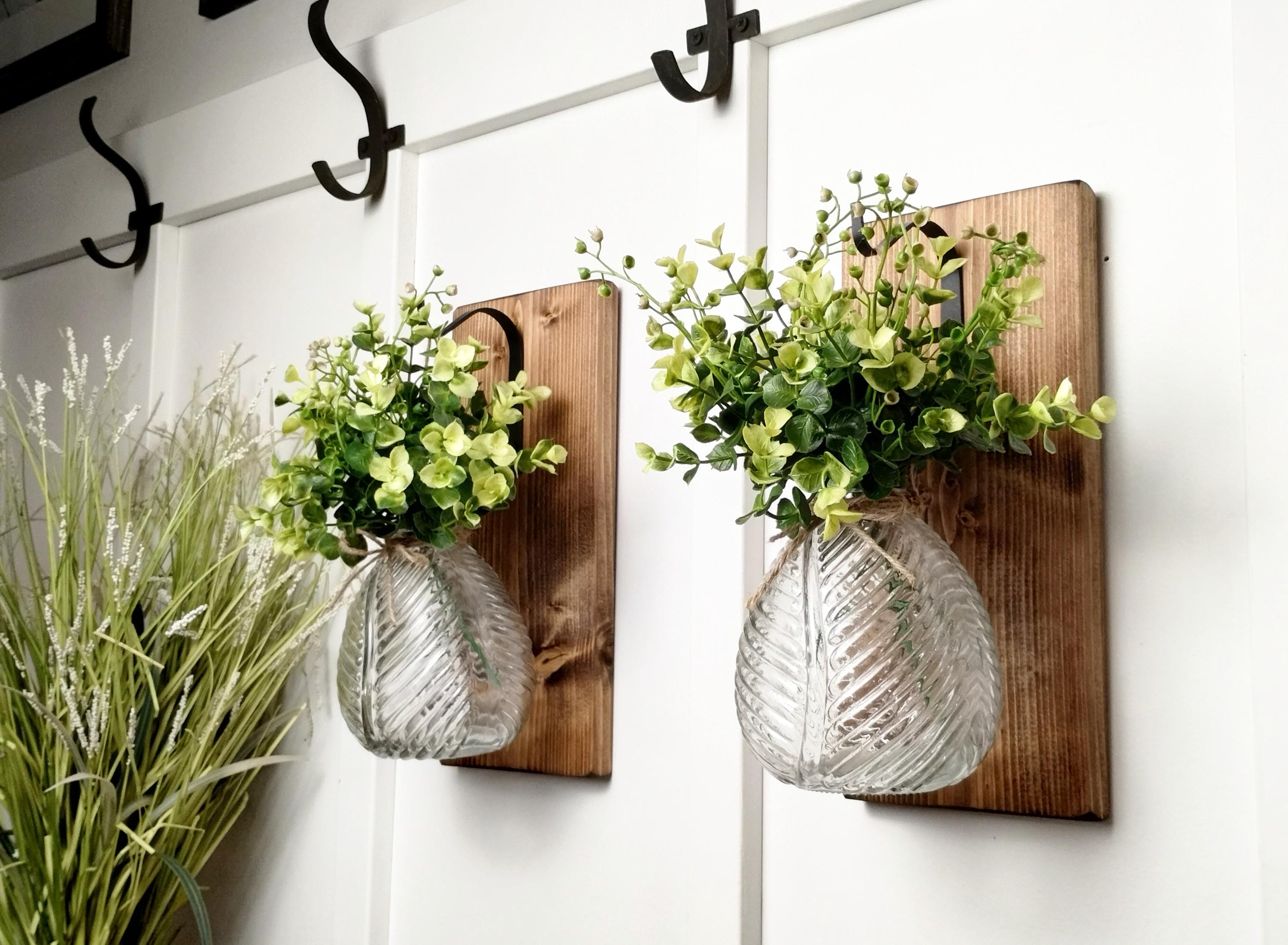Glass Vase, Hanging Vase With Flowers, Wall Sconce, Distressed Boards ...