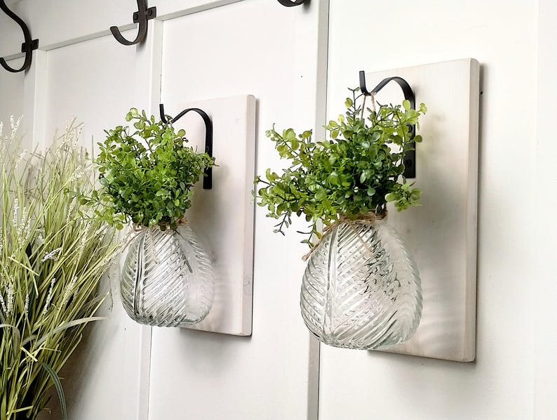 Glass Vase, Hanging Vase With Flowers, Wall Sconce, Distressed Boards ...