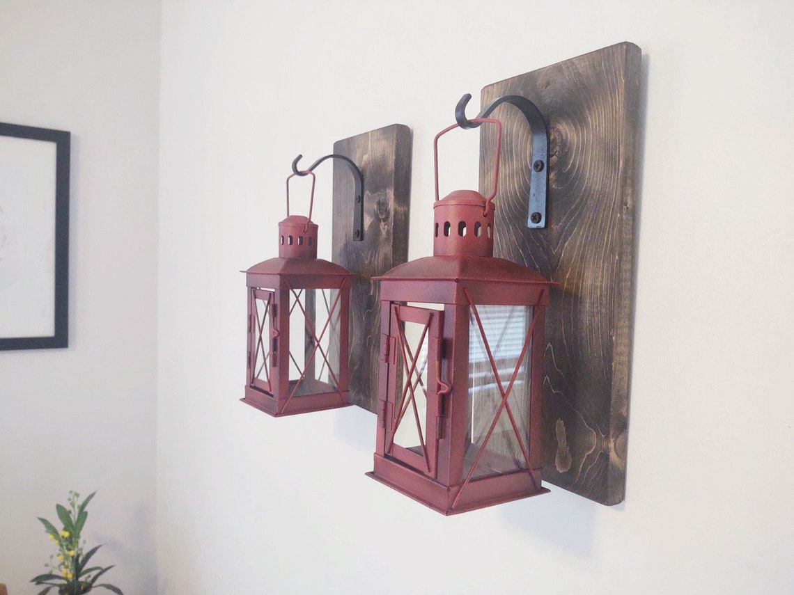 Red Lantern Wall Sconce Set Metal Lantern Decor Rustic - Etsy