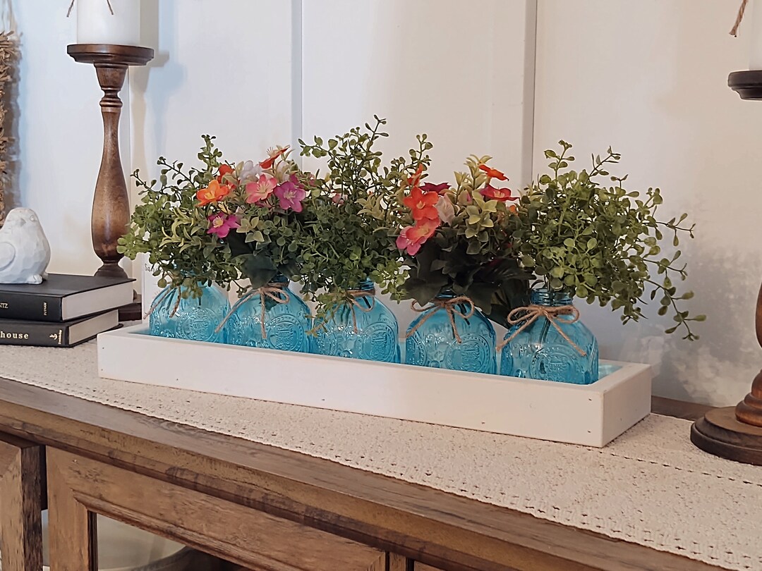 Farmhouse Style Table Centerpiece, Blue Glass Vases, Farmhouse Kitchen ...