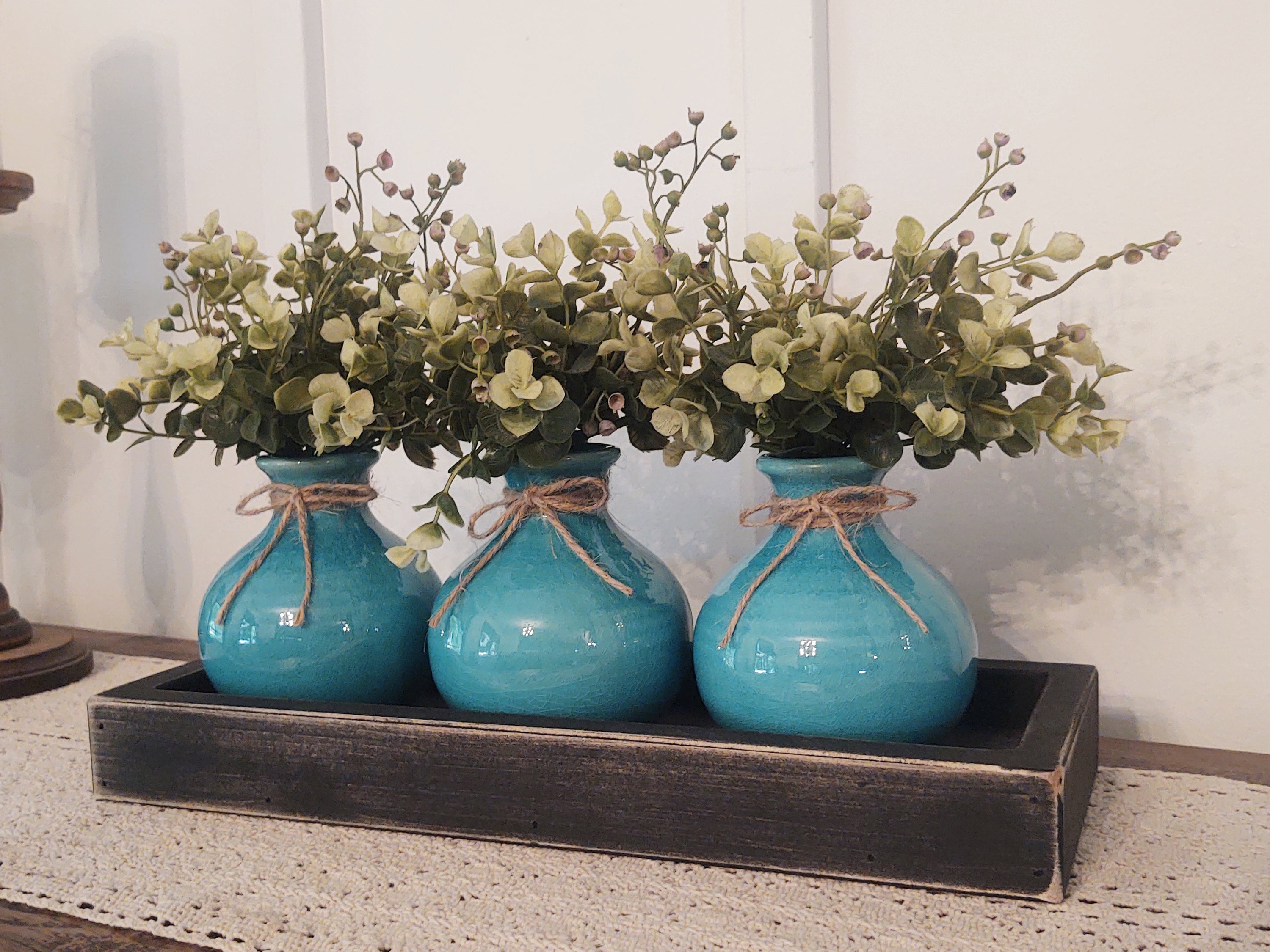 Farmhouse Floral Centerpiece: Turquoise Vases, Rustic Wood Box - Etsy