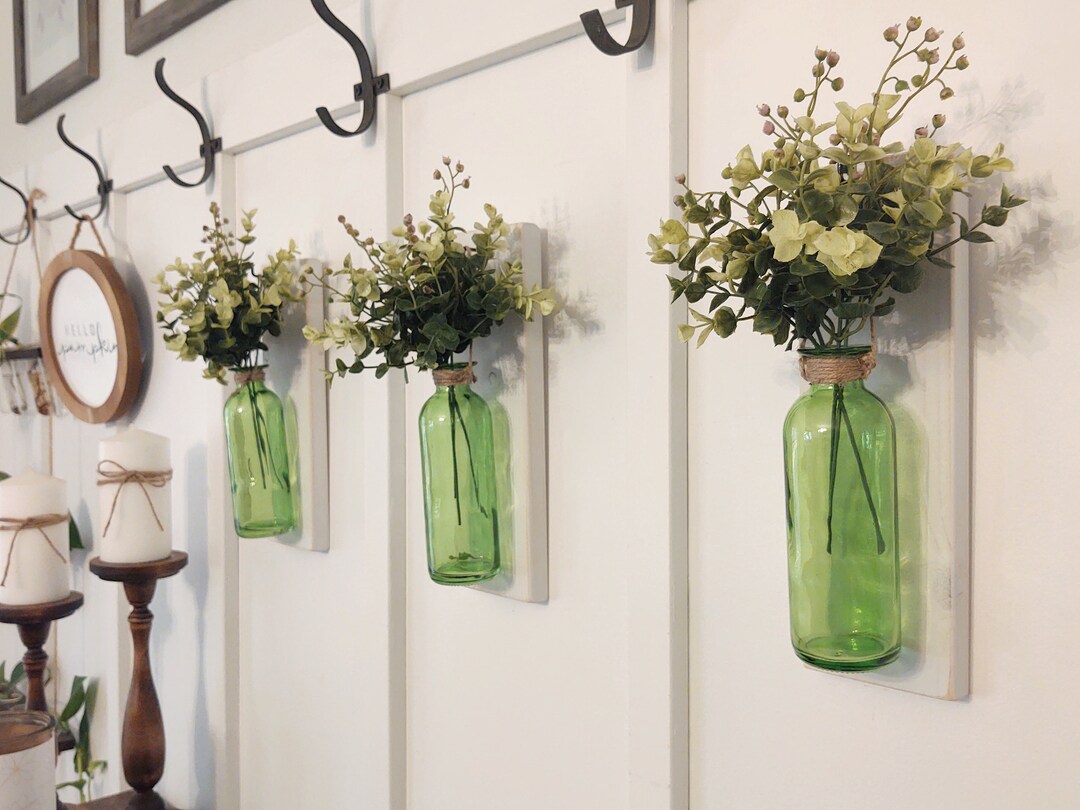 Green Glass Flower Vase, Living Room Decor, Farmhouse Kitchen Wall ...
