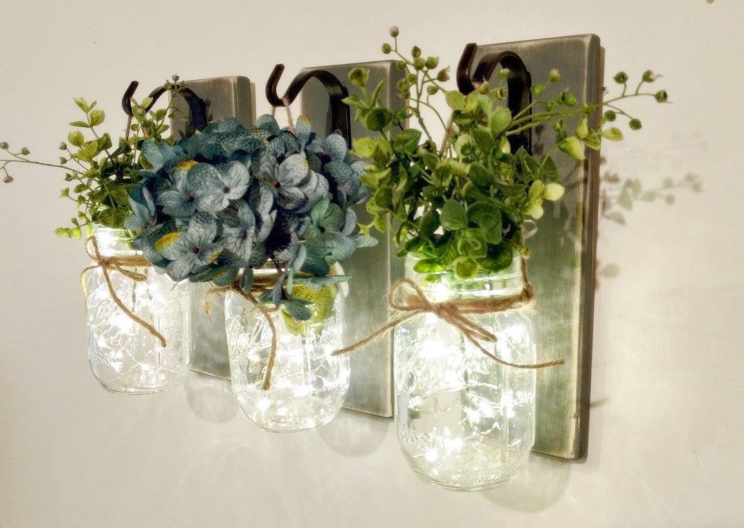 Mason Jar Wall Sconce, Rustic Farmhouse Decor, Hydrangea & Lights - Etsy