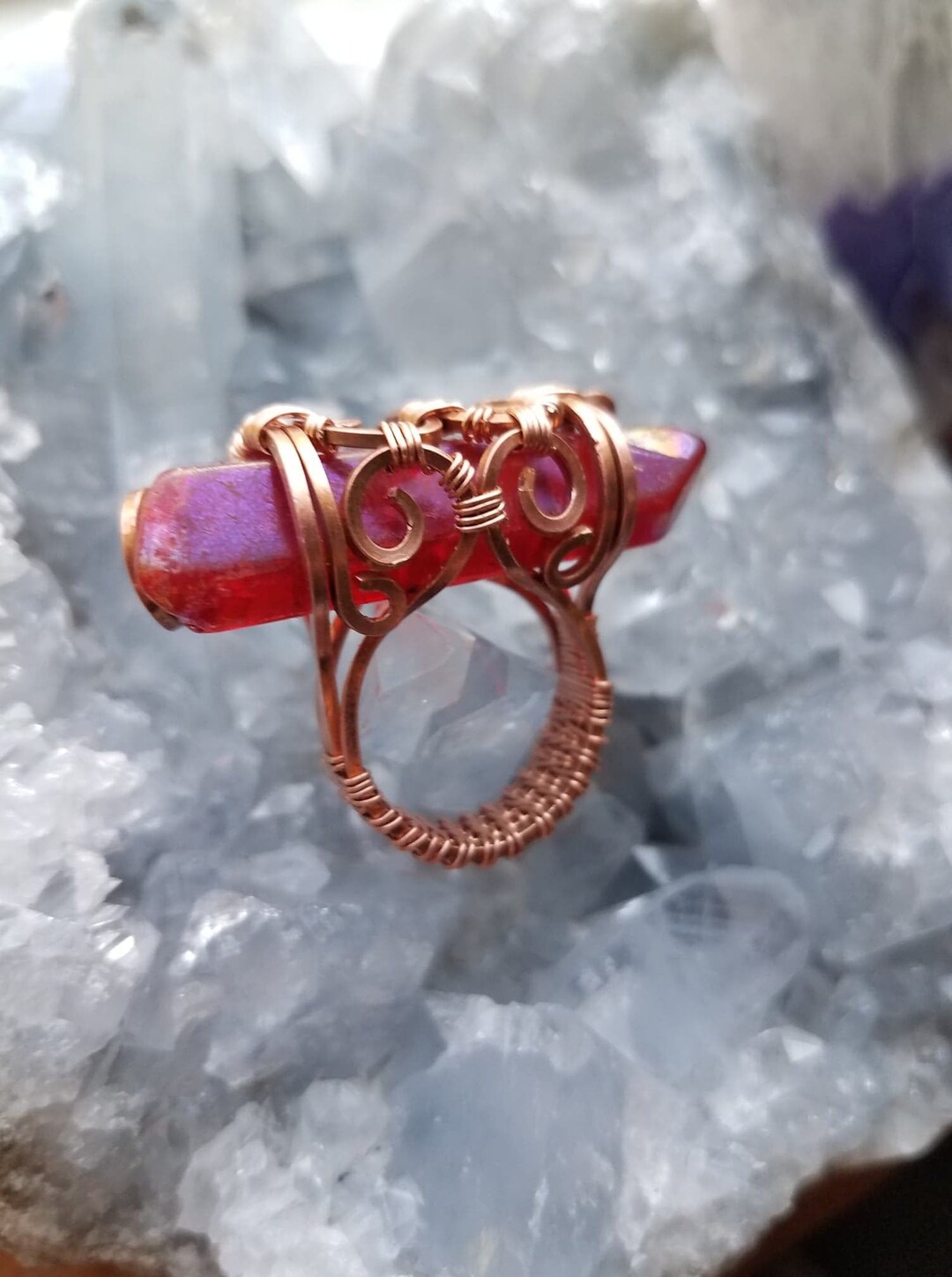 Ruby Red Aura Quartz Crystal Copper Wire Wrap, Aura Quartz Ring, Aura ...