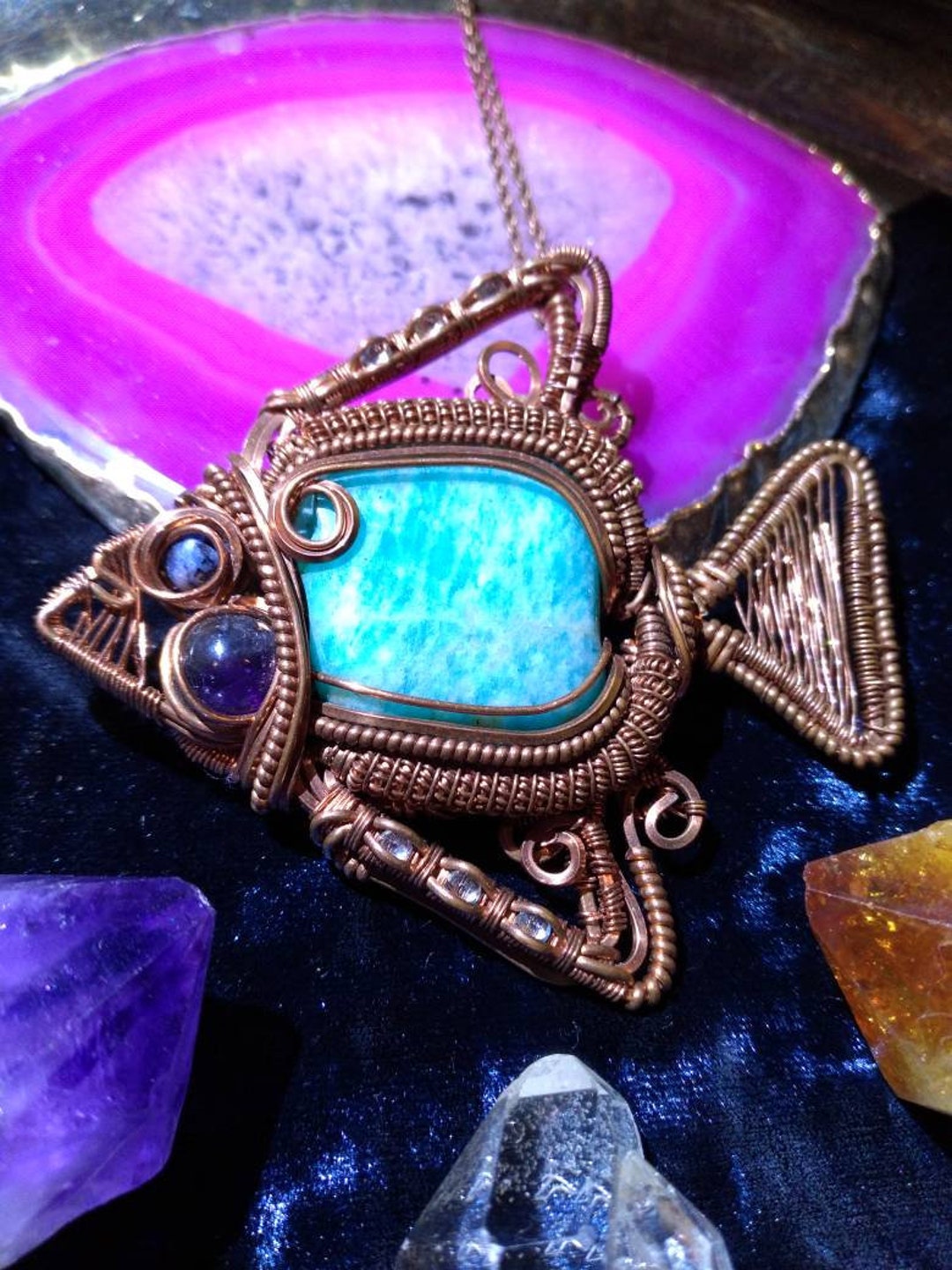 Fish Talisman, Amazonite, Amethyst, Apatite, and Sodalite Crystal ...