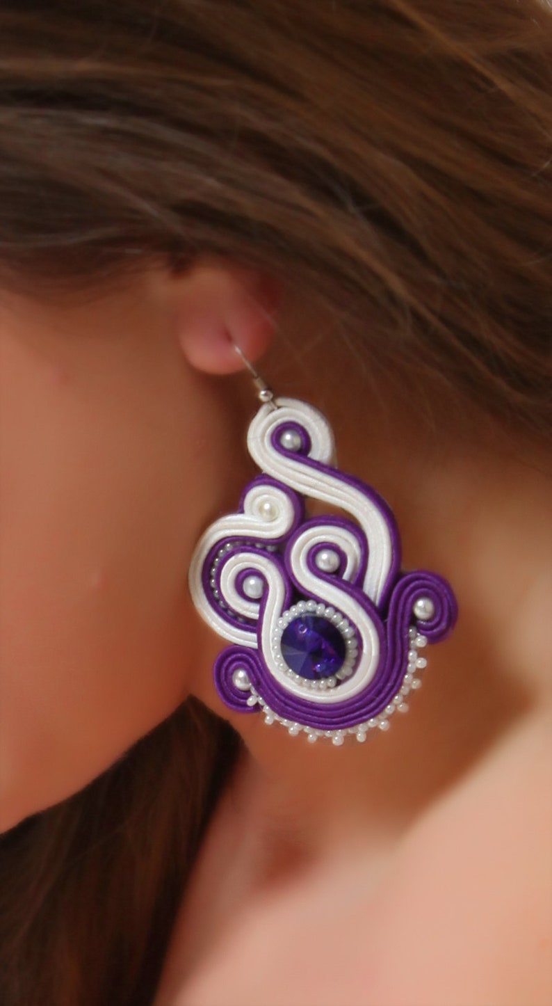 Purple Rose Soutache Earrings Soutache Jewelry Swarovski Jewelry - Etsy