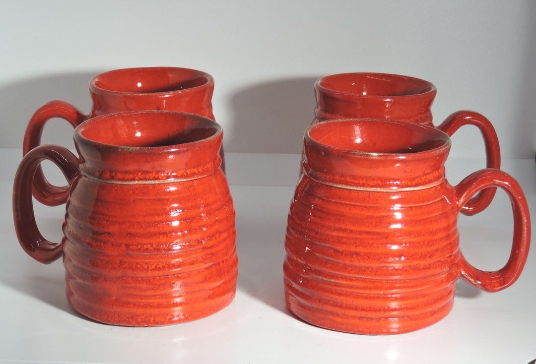 Set of 4-vintage Red Ribbed Stoneware Studio Pottery 10 Ounce Coffee ...