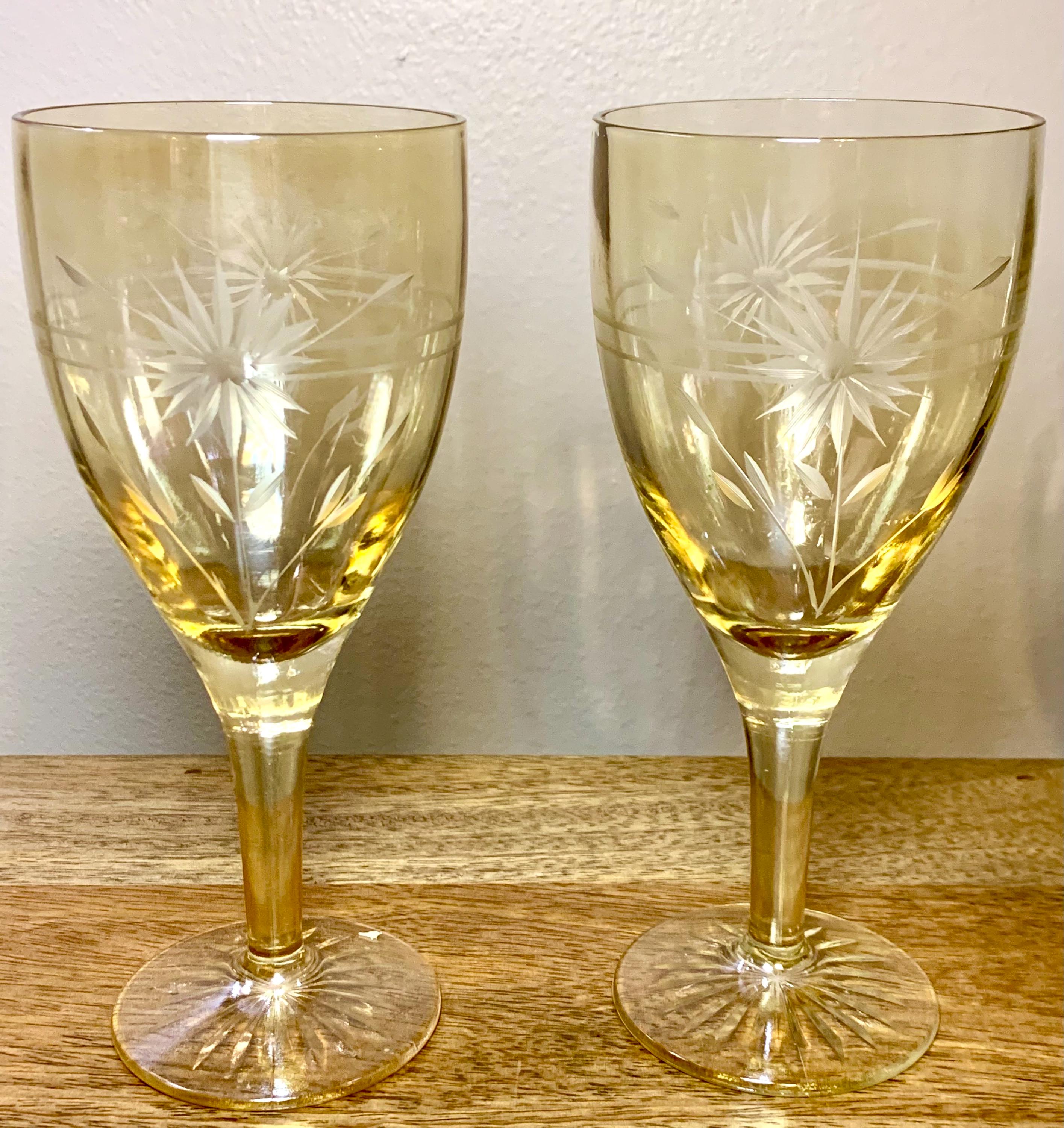 Set of 6-iridescent Yellow Topaz Optic Panel Etched Pressed Glass Wine ...