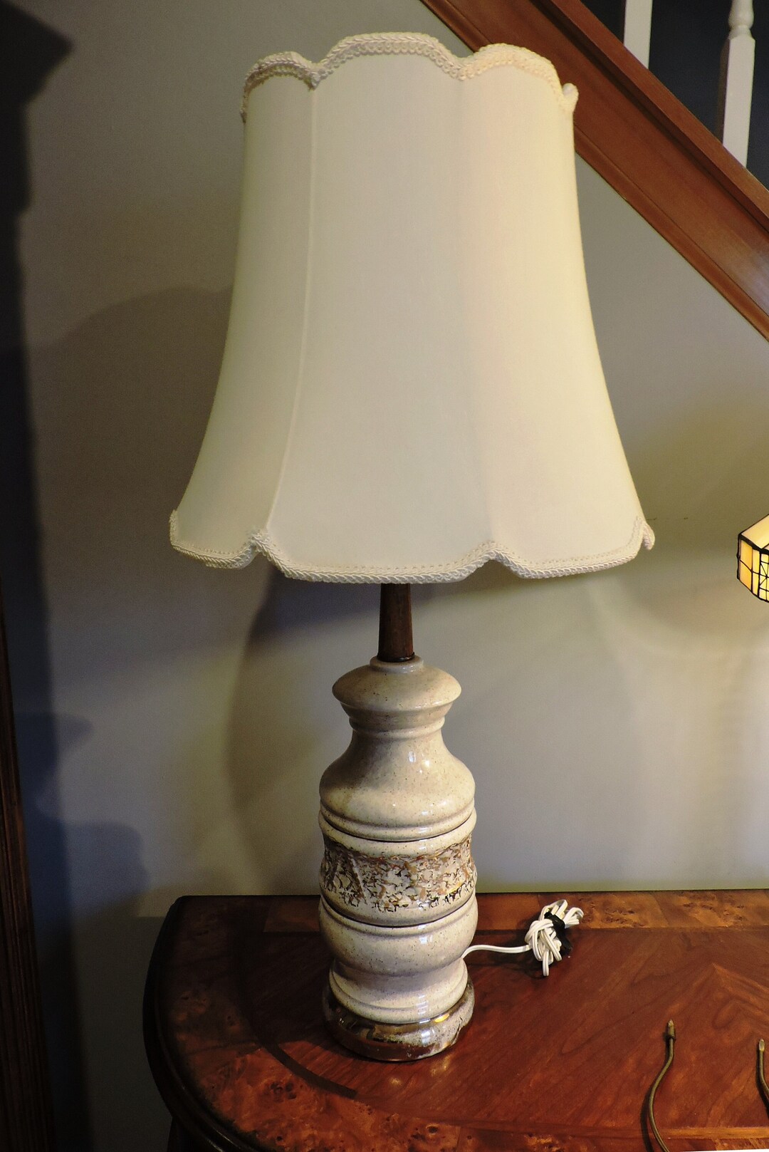 MCM Speckled Ceramic and Teak Wood Atomic Style Electric Table Lamp ...